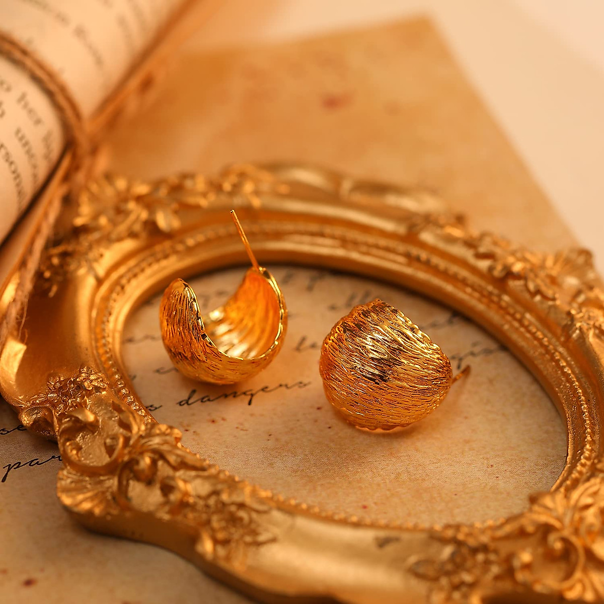 MRSXIA Hoop Earrings for Women Gold Chunky Dome Textured Half Open C-shape Stud 18K Gold Filled Small Simple Delicate Hypoallergenic Illusion Ear Jewelry