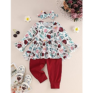 FoWear Baby Girl Clothes Ruffle Floral Top and Pants Toddler Baby Girl Clothes 3Pcs Fall Baby Girl Outfits Brown 18-24 Months