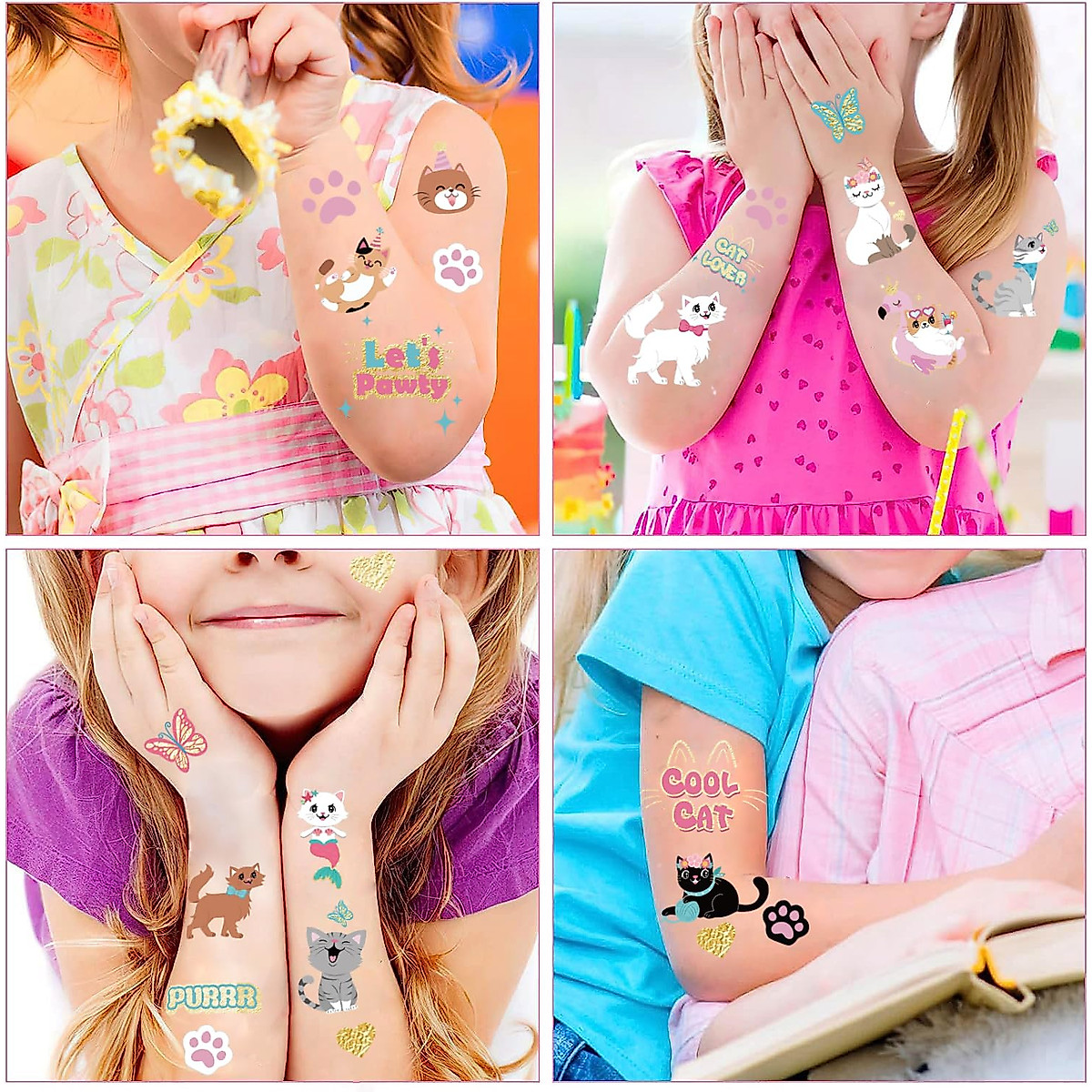 Konsait 50pcs Cat Glitter Temporary Tattoos for Kids Tattoos Temporary for Cat Birthday Party-Waterproof Fake Tattoos for Birthday Party Goodie Bags Stuffers Party Fillers