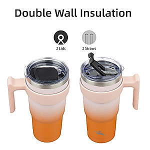 Konokyo 20 oz Tumbler with Handle and 2 Straw 2 Lid, Insulated Water Bottle Stainless Steel Vacuum Cup Reusable Travel Mug,Coral