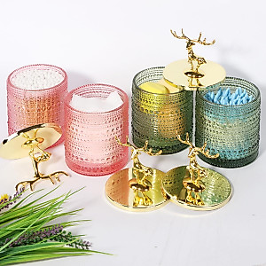 Tonxus 2-Pack Glass Qtip Holder Dispenser Set,Apothecary Jars with Gold Metal Lid,Cute Bathroom Qtips Jars,Cotton Ball Organizer for Cotton Swab,Round Pads,Floss Picks,Bath Salt,Makeup (Pink A)