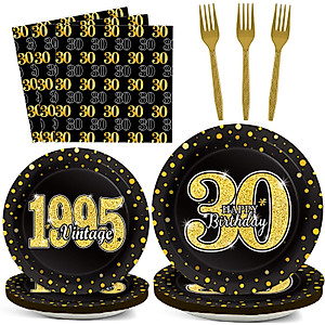 96PCS 30th Theme Birthday Party Tableware Vintage 1995 Party Supplies 30 Year Old Birthday Party Decorations Plates Napkins Forks Black and Gold Dinnerware Favors for Men or Women