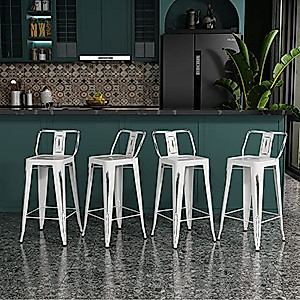Andeworld Distressed Bar Stools Set of 4 Industrial Counter Stools Metal Barstools for Indoor-Outdoor (24 inch, White)