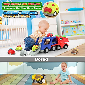 DUKASOU Dinosaur Truck Toddler Toys Car for Boys 3-5, Dinosaur Transport Carrier with 7 Pull Back Dino Car&amp; Light Music for Kids Age 3 4 5 6 Gift, Birthday Party for Boys Girls 3-8