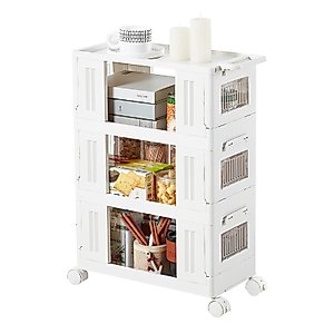 Bagnizer 3 Tiers Narrow Plastic Storage Bins with Lids and Wheels, No Door 49QT Stackable Collapsible Storage Organizers Box Containers for Bedroom, Dorm Room, Off White, 16 x 8 x 24”