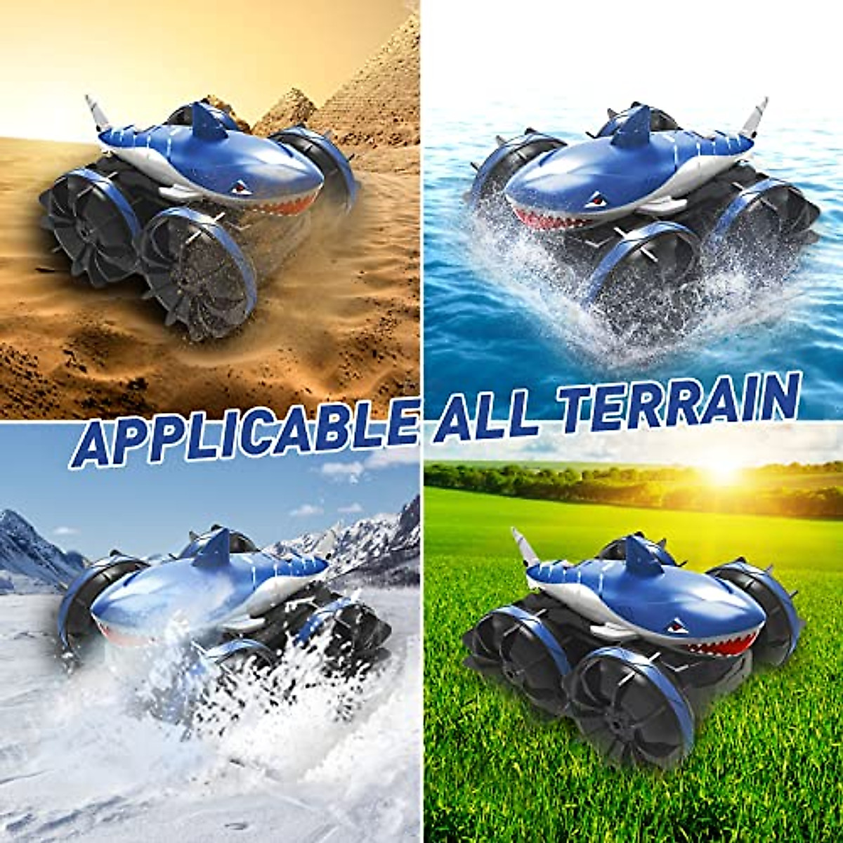 Desdoni Amphibious Remote Control Car 2.4 GHz Waterproof Off Road RC Shark Truck 4WD Stunt Car 360° Rotation All Terrain RC Truck for Adults Boys Girls Kids Gift 2Pcs Rechargeable Batteries