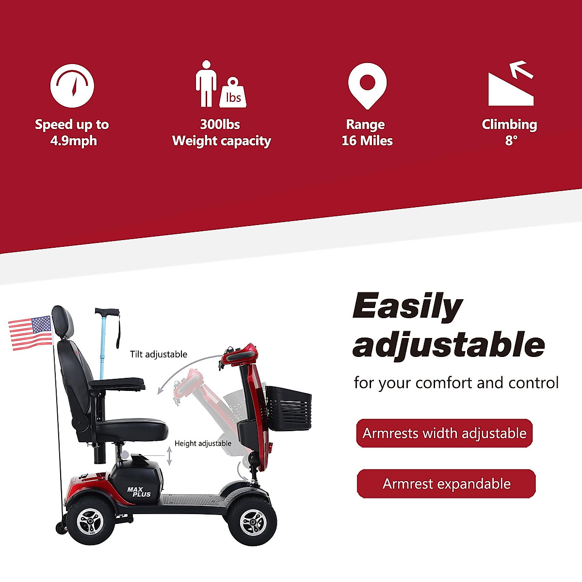 Xmatch 4-Wheel Metro Mobility Scooter Battery Powered with Front Basket Compact Foldable Seat (Red, WB30" Wind Guard & Suspension)