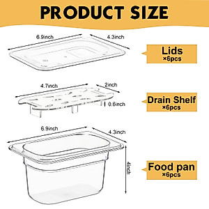 Sunnyray 6 Set 1/9 Size Polycarbonate Food Pans with Lids and Drain Shelf Deep Square Food Storage Containers for Kitchen Restaurant Fruit Vegetable Storage