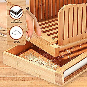 RAXXIO Bamboo Bread Slicer with Knife, Adjustable, Foldable and Compact with Crumb Tray, Bread Cutter for Homemade Bread, Loaf Cakes, Bagels Slicer, 3 Different Size Slices