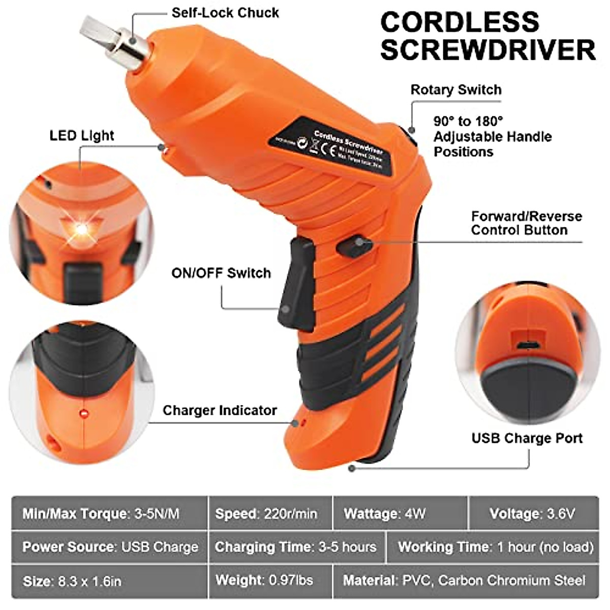 MQ Electric Screwdriver, 3.6V Cordless Screwdriver Kit with Rechargeable Battery, Dual Position Handle & LED Front Light, 49PCS Portable Skil Screwdriver for Home Office DIY Tools, Orange