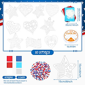 Junkin 20 Pcs Suncatcher Kit Independence Day Craft Kit 4th of July Suncatcher Kit Tissue Paper Patriotic Star Suncatcher Craft Window Art Kit with 18 Tissue Paper for DIY Patriotic Star Party Favor