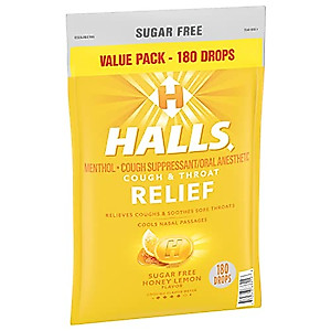 HALLS Relief Honey Lemon Sugar Free Cough Drops, Value Pack, 180 Drops