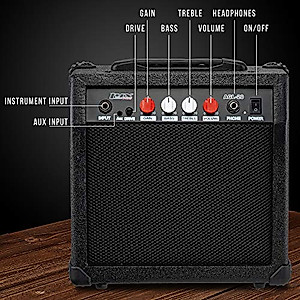 LyxPro Electric Guitar Amp 20 Watt Amplifier Built In Speaker Headphone Jack And Aux Input Includes Gain Bass Treble Volume And Grind - Black