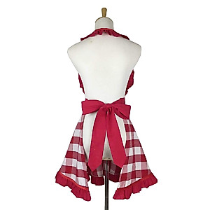 Hyzrz Lovely Retro Aprons for Women with Pocket Cotton Cooking Mother's Day Apron Dress Gift (Red Grid)