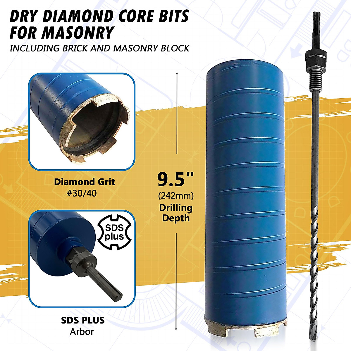 2" Diamond Dry Core Bit for Brick and Block with SDS Plus Pilot Bit Adapter, 9.5" Drilling Depth