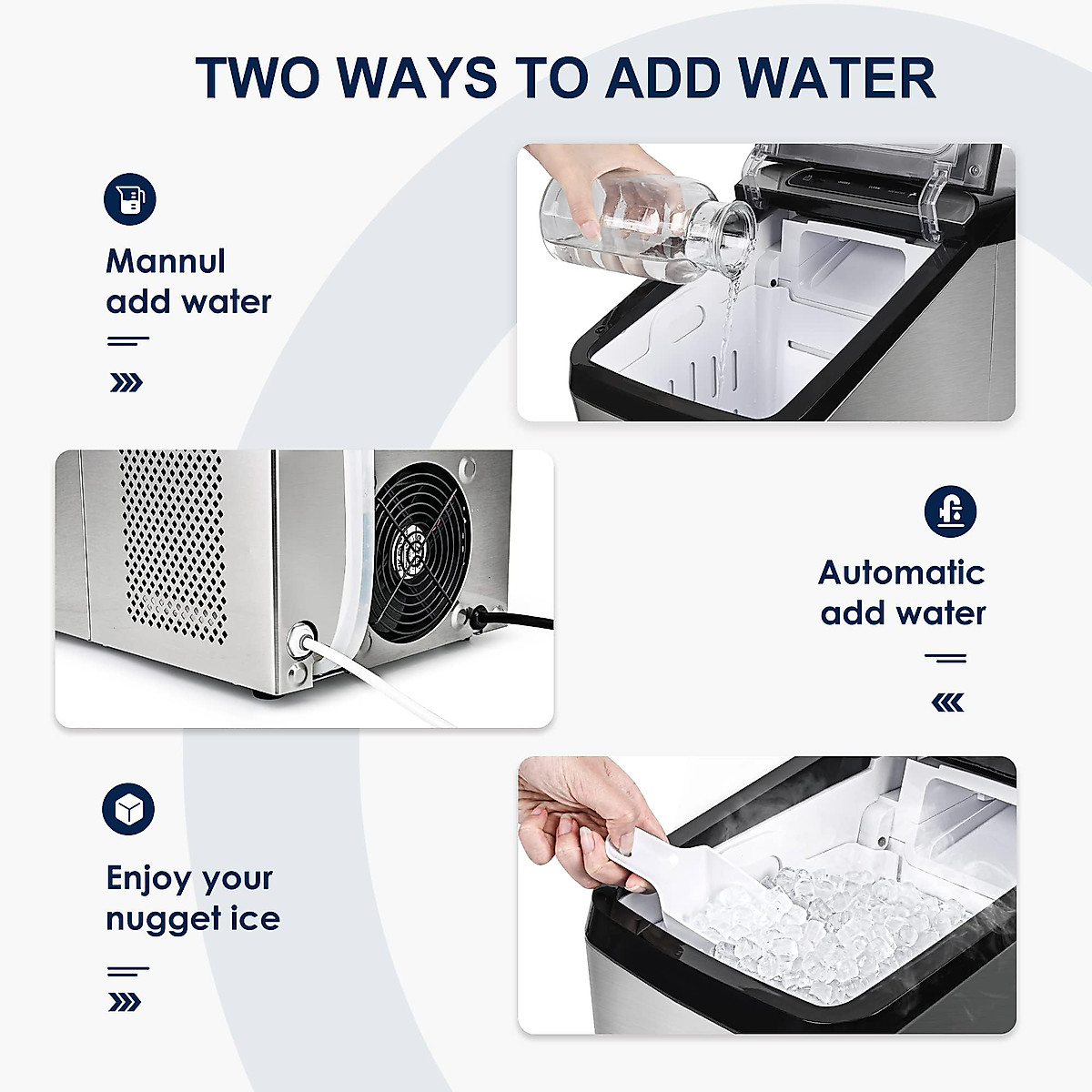 EUHOMY Nugget Ice Maker Countertop, Max 33lbs/day, 2 Way Water Refill, Self-Cleaning Pebble Ice Maker Machine with 3Qt Reservoir, Ice Makers Countertop Ideal for Home, Office, Bar, and Party. (Silver)