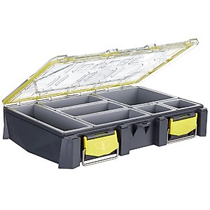 BUZBE Colony 15 Modular Tackle Box, Customizable Waterproof Box, Plastic Organizer Box, Fishing Tackle Storage, Small Parts Box, Grey and Yellow