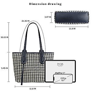 Whale Power Tote Bag for Women Houndstooth Shoulder Handbags Medium Size Purses with Zipper Black