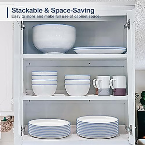 HomeElves Dinner Plates Set of 8, 10.5 inch Opal Glass Plate Set, Lightweight Kitchen White Plates, Break and Chip Resistant, Safety for Microwave & Dishwasher,Blue Rim