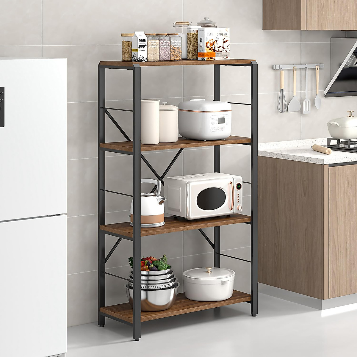 FOLUBAN Modern Bookshelf, 4 Tier Open Display Storage Book Shelf Organizer, Industrial Metal and Wood Bookshelves and Bookcases for Living Room Bedroom Office, Rustic Walnut