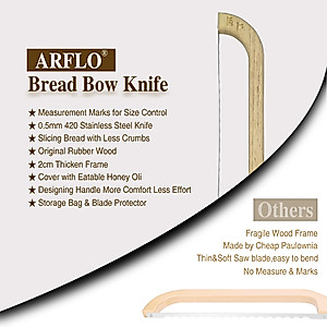 Arflo Wooden Bread Bow Knife - 16" Bread Bowl Knife - 420 Premium Stainless Steel Bread Saw with Protective Cover - Bread Knife for Homemade Bread - Sourdough Bread Knife