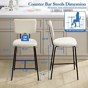Bar Stools Set of 4 Counter Height Bar Stools : Upholstered Boucle Fabric Bar Stool for Kitchen Bistro Pub Armless Modern Bar Chair with Metal Base for Dining Room Kitchen Island