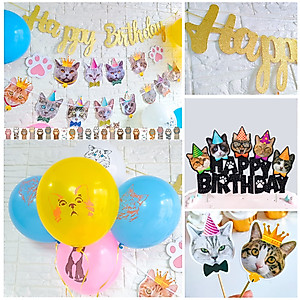 42pcs Cat Birthday Party Decoration Set, Cat Face Banner Latex Balloons Kitten Happy Birthday Cake Cupcake Toppers for Meow Kitty Theme Birthday Party Supplies
