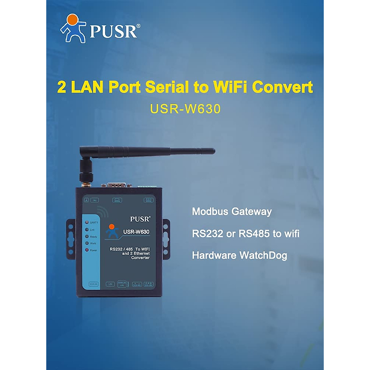PUSR Industrial WiFi to 2 Ports Ethernet to Serial Converter Supports modbus RTU to TCP rs232 rs485 to WiFi ethernet Server USR-W630