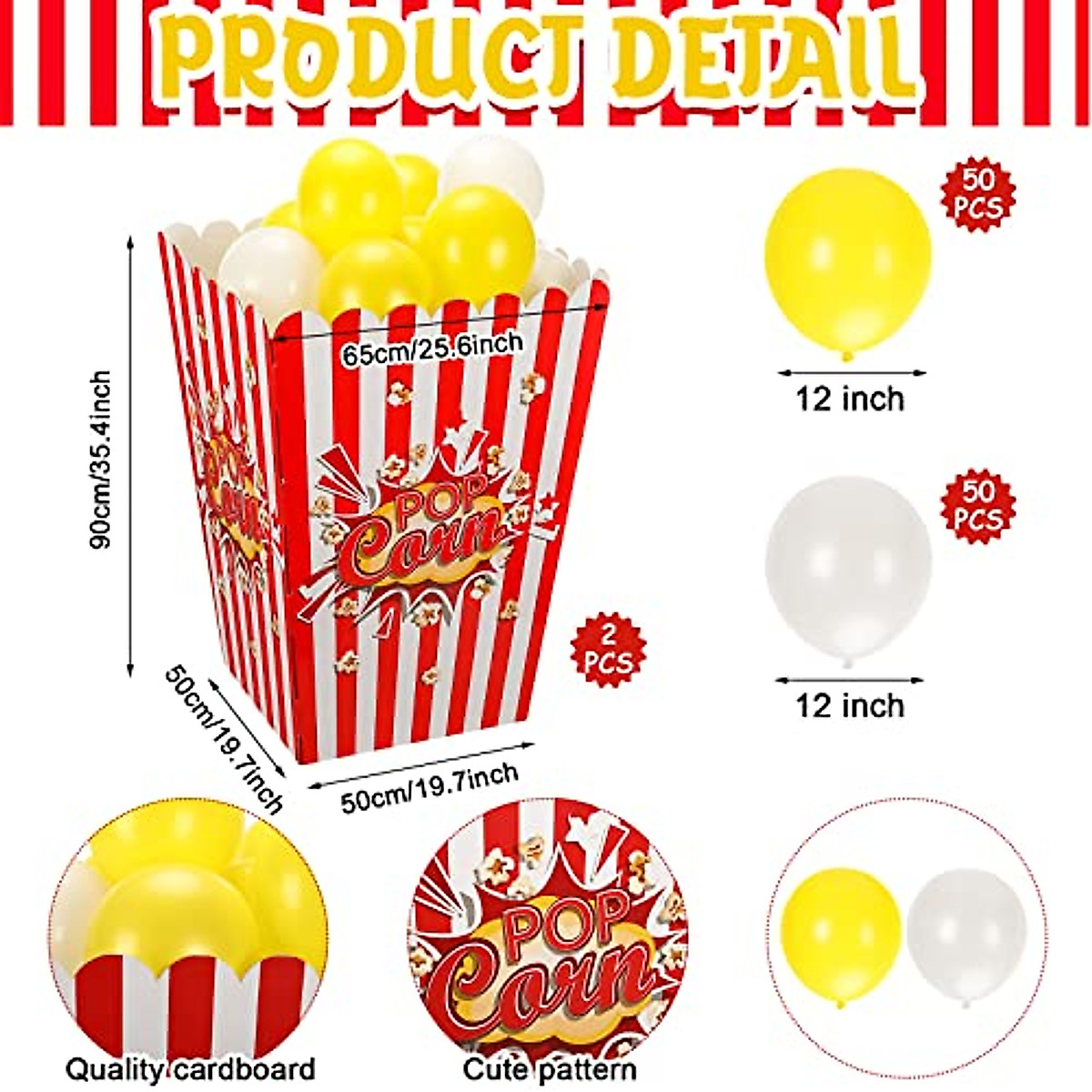 2 Pieces Giant Popcorn Box Cardboard Stand up with 100 Balloons Movie Popcorn 3D Popcorn Box Cardboard Stand up and Yellow White Popcorn Theme Balloons Carnival Decorations for Movie Themed Party