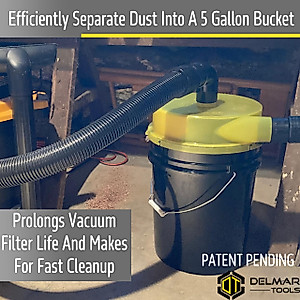 Delmar Tools Patent Pending Shop Vacuum Dust Separator, 99% Separating Efficiency, Included 90° Adapter and Hose Unlike Competitor Versions, Attaches to 5 Gallon Buckets in Seconds, Maximum Suction