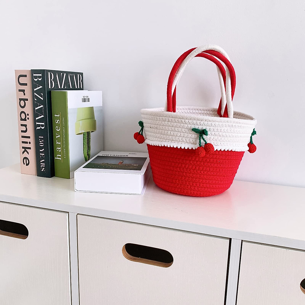 LOHGOU Women Girls Handwoven Cotton Handbag Cute Cherry Tote Bag Summer Beach Purse (Red)