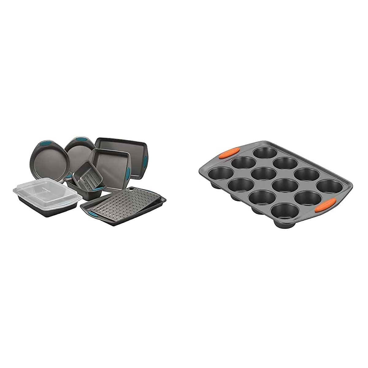 Rachael Ray Nonstick Bakeware Set with Grips and 12-Cup Muffin Tin - 11 Piece, Gray