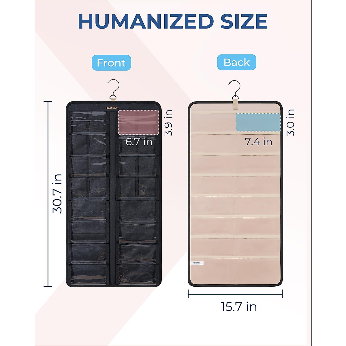 BAGSMART Hanging Jewelry Organizer, Dust Proof Sunglasses Storage Case Wall Mounted, Travel Dual Sided Glasses Case Multiple Pairs, Eyeglasses Holder with 32 Clear Slots & Metal Hook, Black