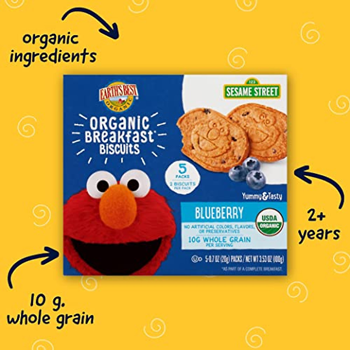Earth's Best Organic Kids Snacks, Sesame Street Toddler Snacks, Organic Breakfast Biscuits for Kids 2 Years and Older, Blueberry, 2 Biscuits - 5 Count (Pack of 6)
