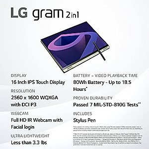 LG gram (2022) 16T90Q 2-in-1 Tablet Laptop, 16" (2560 x 1600) IPS Display, Intel Evo 12th Gen i7 1260P Processor, 32GB LPDDR5, 2TB NVMe SSD, FHD Webcam, WiFi 6E, Thunderbolt 4, Windows 11, Green