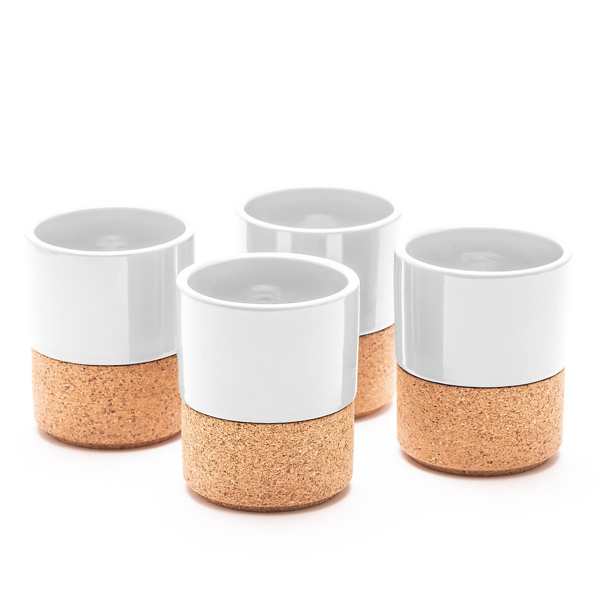 White Double Espresso Cups Set of 4 - Removable Cork Insulating Base Ceramic Coffee Cup Mug 4oz with Removable Cork Sleeve - Stackable - Handleless