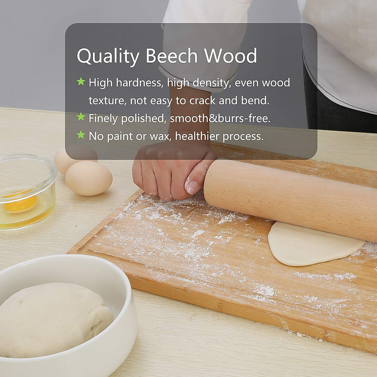 Classic Rolling Pin for Baking 18'' Long - Gifbera Beech Wood Dough Roller Pin with Handles for Bread Pastry Pizza Fondant Pie Crust