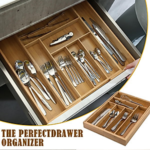 KAEASOUS Bamboo Expandable Drawer Organizer - cutlery drawer organizer for Utensils and Cutlery, silverware drawer organizer tray- Adjustable and Large Silverware Drawer Organizer for Cabinets