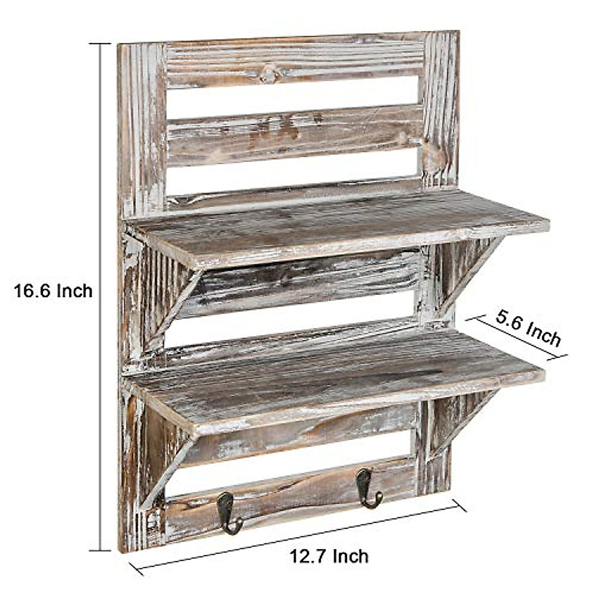 Liry Products Rustic Wooden Wall Mounted Shelves Iron Hooks Two-Tier Storage Rack Brown Torched Distressed Wood Display Shelf Organizer Farmhouse Decorative Holder Home Office Kitchen Living Room