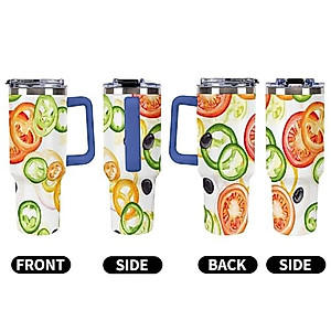 Sliced ​​Pepper Tomato Onion 40oz Water Bottle Double Wall Insulated Tumbler with Handle Leakproof Travel Mug Deep Blue-style