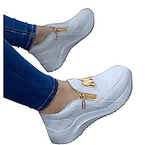 Holzkary Zipper Womens Slip On Shoe Walking Vegan Leather Sneakers Lady Girls Fashion Jazz Dance Platform Loafers White US Size 9