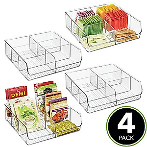 mDesign Plastic Food Storage Wide Bin Organizer with 6 Compartments for Kitchen Cabinet, Pantry, Shelf, Drawer, Fridge, Freezer Organization - Holds Snack Bars - Ligne Collection - 4 Pack - Clear
