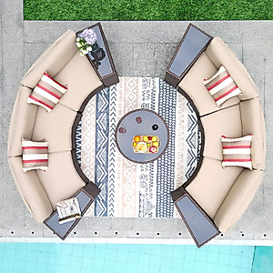 SUNSITT 11 Pieces Patio Furniture Set Outdoor Half-Moon Sectional Set with Round Coffee Table, Brown PE Wicker & Beige Cushion
