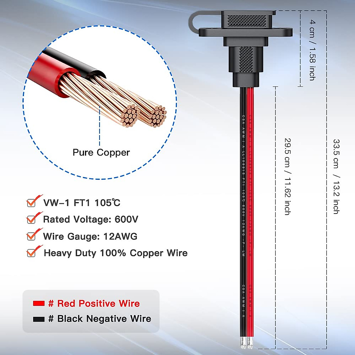 ELECTOP SAE Connector, Rectangular SAE Power Socket Sidewall Port, Weatherproof SAE Quick Connect Solar Panel Flush Mount Plug Outlet, 12AWG SAE Cable for Solar Generator Battery Charger (2 Pack)