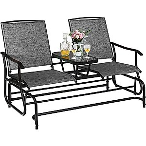 ReunionG 2-Person Outdoor Glider Chair, Patio Bench Loveseat w/Tempered Glass Center Table & Sturdy Metal Frame, Porch Swing Rocking Chair for Outside, Balcony, Garden, Grey