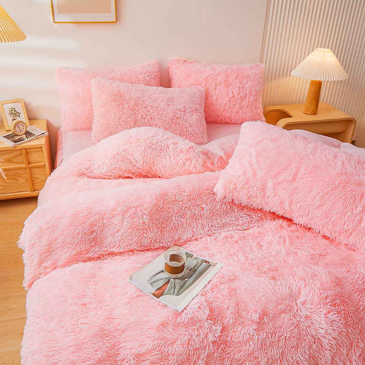 ERLOXO Fluffy Pink Faux Fur Comforter Cover Set，Fluffy Fuzzy Plush Pink Bedding 3Pcs (1 Faux Fur Duvet Cover +2 Fuzzy Pillowcases) Pink Fluffy Bed Set (Pink, Queen)