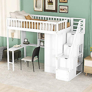 Quarte Multifunctional Wooden Twin Size Loft Bed with Built-in Desk,Bookshelf and Wardrobe,Drawers and Storage Stairs,for Kids Boys Girls Teens Adults Bedroom (White@r)