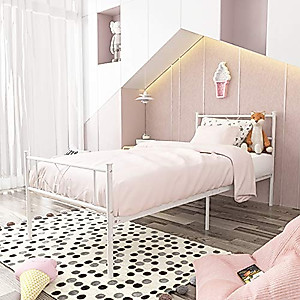 Weehom Kids Student Single Metal Bed Frame Twin Size with Unique Flower Design Sturdy Metal Frame Premium Steel Slat Support Platform Bed for Guest Room No Boxspring Need White