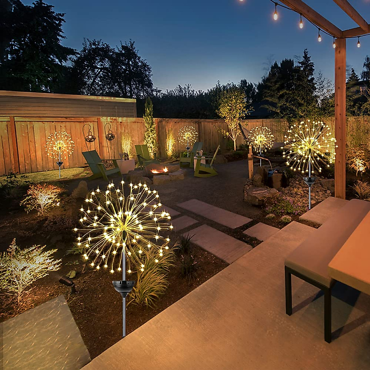 Honche Solar Garden Lights Outdoor Waterproof, LED Firefly Starburst Firework Light for Pathway Patio Lawn Backyard Flowerbed Party Christmas Decorations with 120 LEDs 8 Mode 2 Pack Warm White Round