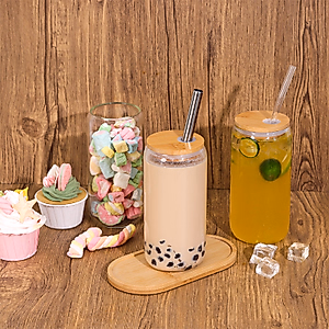 Moretoes Smoothie Cup 6pcs 16oz, Glass Cups with Lids and Straws, Drinking Glasses Set, Cute Tumbler Cup